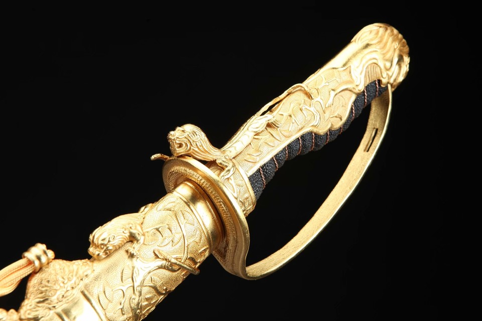 Gold-plated Saber Nine lion Chinese Clay Tempered Folded Steel ...