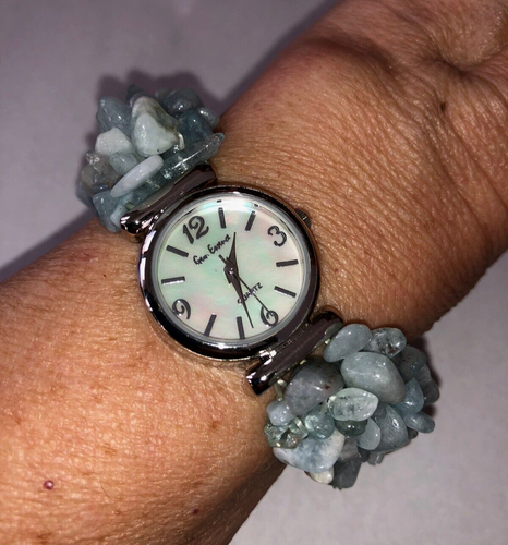 Gem Essence Blue Quartz Watch Stretch Bracelet Band Mother of Pearl ...