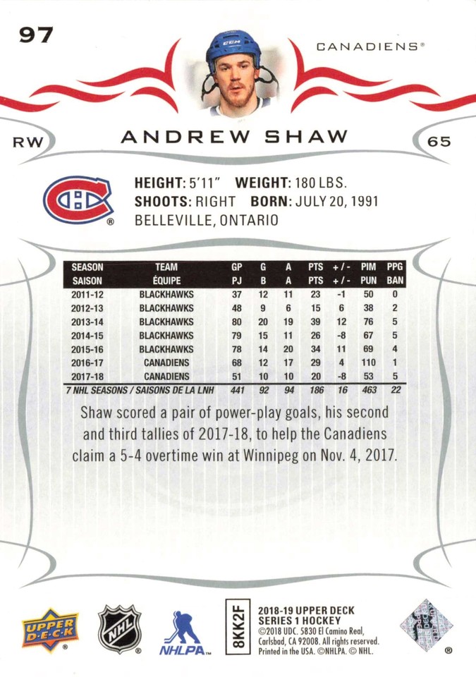 Andrew Shaw 2018 Upper Deck #97 Montreal Canadiens | eBay