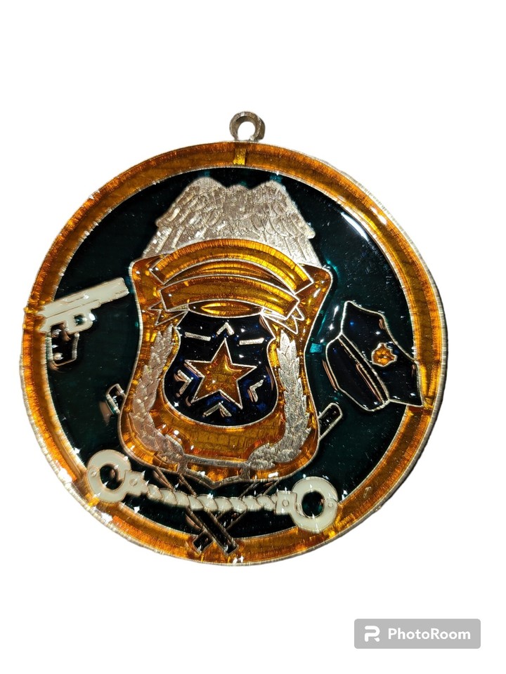 Vtg Handmade Stained Glass Police Officer Police Department Suncatcher ...