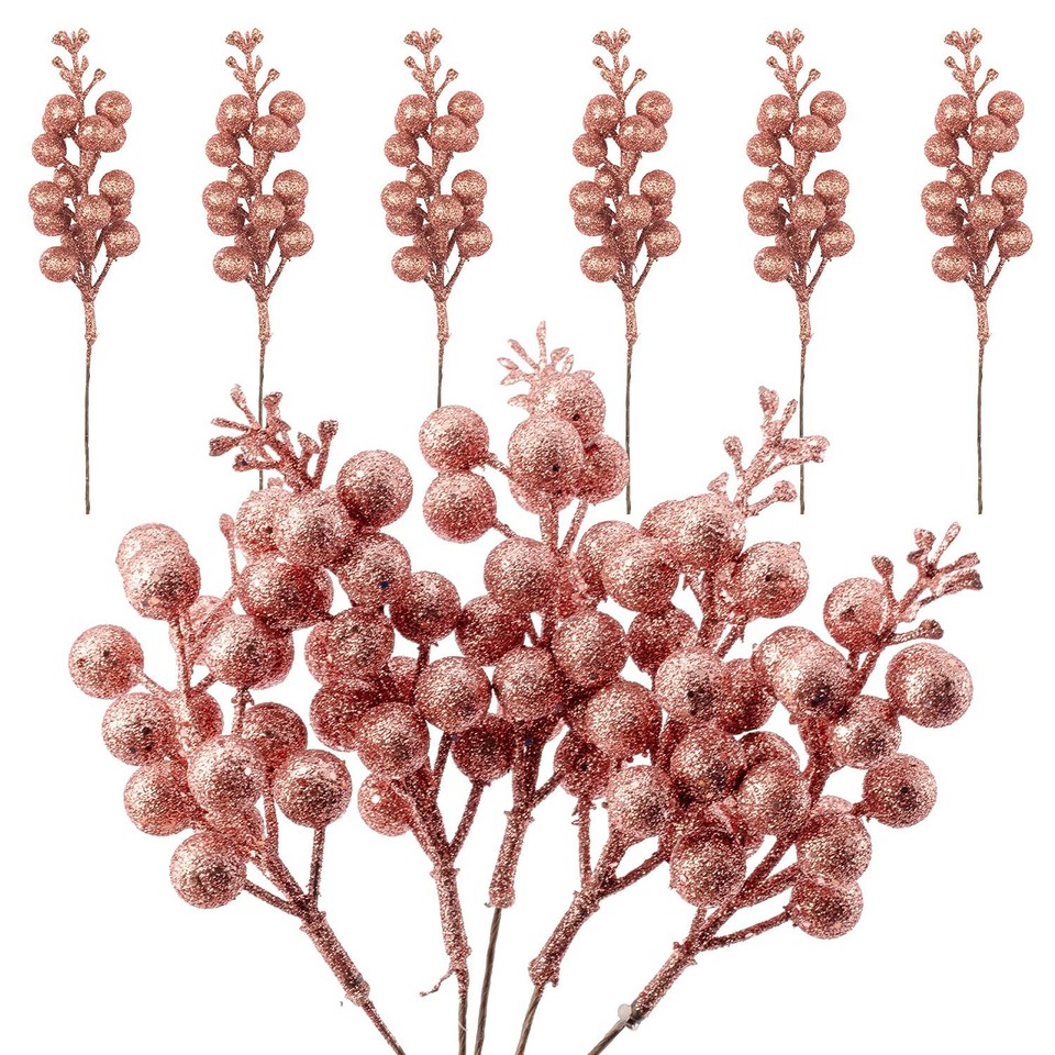 24 Pack Rose Gold Christmas Glitter Berries Stems Artificial Christmas ...