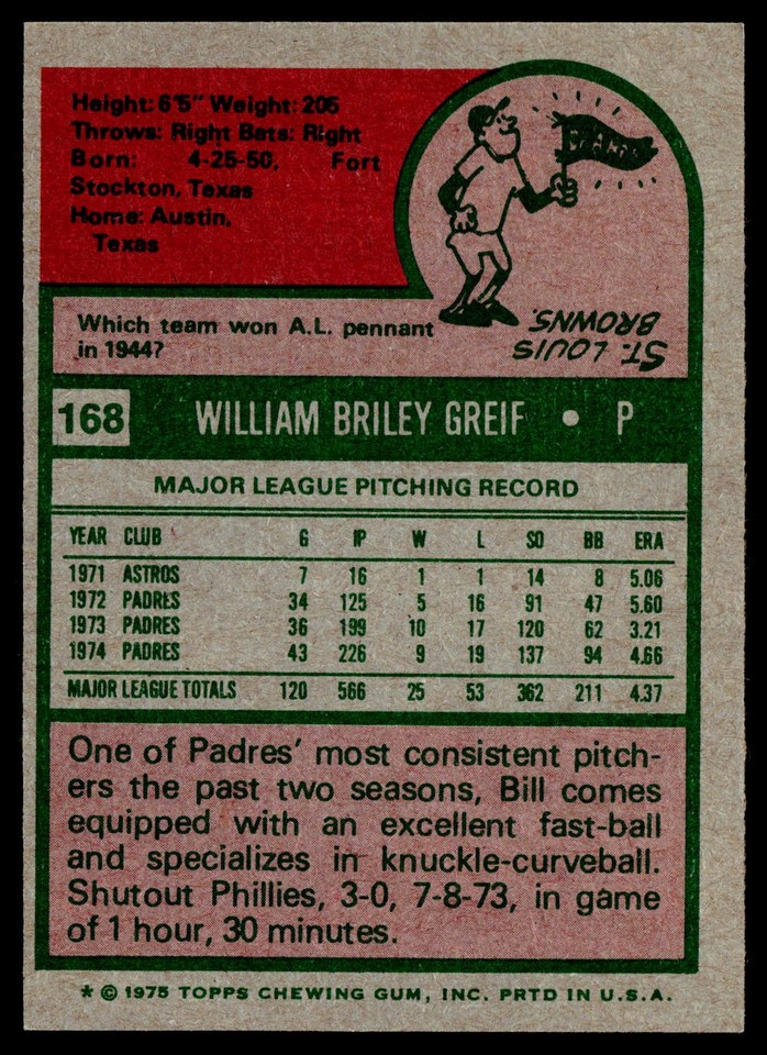1975 Topps SET-BREAK #168 Bill Greif EX or Better, (HUCK'S) | eBay