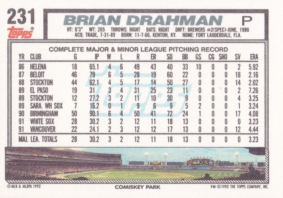 1992 Topps #231 Brian Drahman MLB Chicago White Sox + (Yes 3 Free ...