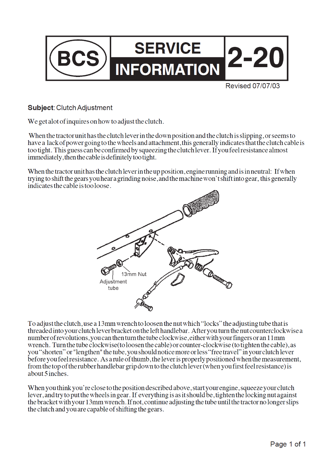BCS Clutch Cable 2 Whl Tractor 58057354 Tiller Mower Harrow 852 853 948 ...