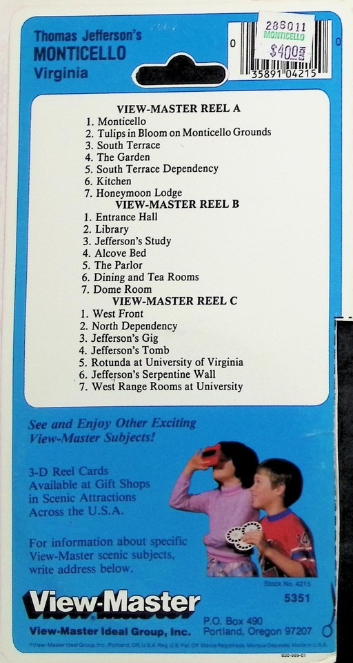 Monticello Virginia Home of Thomas Jefferson 3d View-Master 3 Reel ...