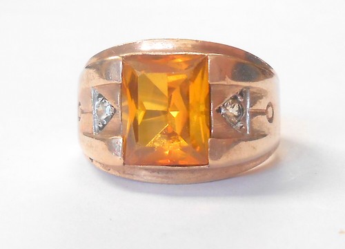 Vint Yellow Topaz + White Topaz Arrow 10K Yellow Gold Mens Wide Ring ...