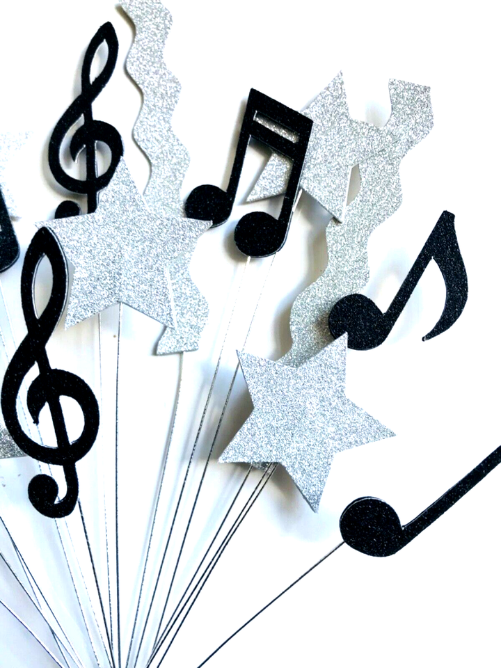 Glitter Sparkly Paper MUSIC NOTES CAKE TOPPER SPRAY BURST BLACK/SILVER ...