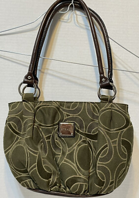 Strada Womens Shoulder Purse Fabric Green Gold Bucket Double Straps 10 ...