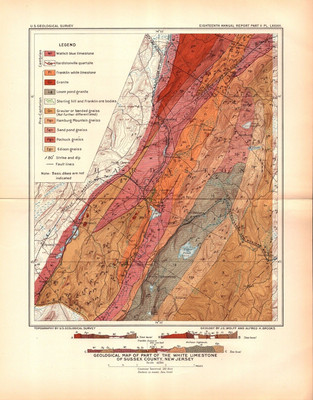 SUSSEX COUNTY, NEW JERSEY, WHITE LIMESTONE Antique geology map 1898 | eBay