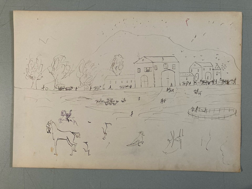 Beautiful Large Drawing D’ Kids Ink Xixth Art Raw Lavis Castle Horse ...