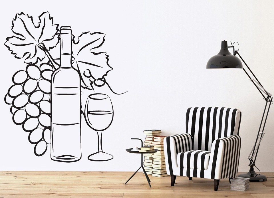 Wall Vinyl Sticker Wine Bottle Glass Bunch Grapes Decoration Kitchen ...