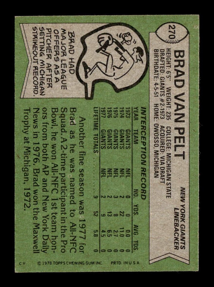 1978 Topps #270 Brad Van Pelt New York Giants EX Football Card *H830 | eBay