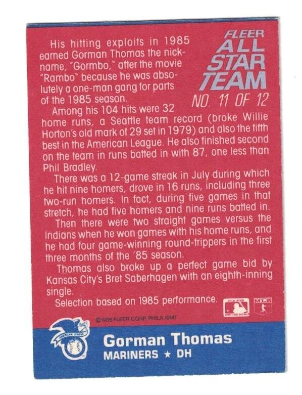 Gorman Thomas Signed Autographed 1986 Fleer All Star Card Mariners ...
