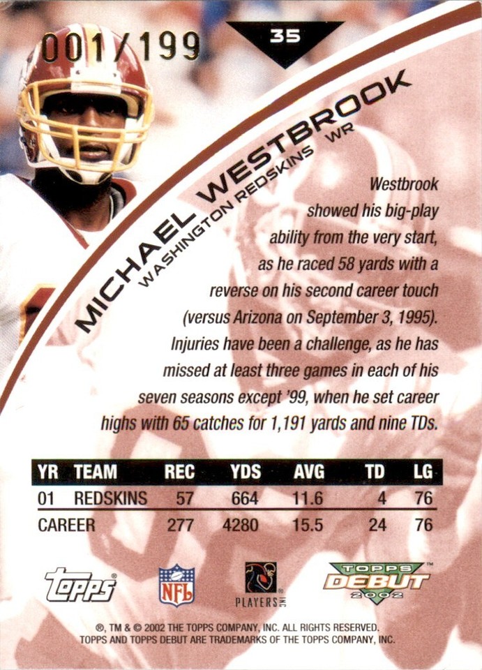 2002 Topps Debut Red #35 Michael Westbrook Washington Redskins 1/199 | eBay