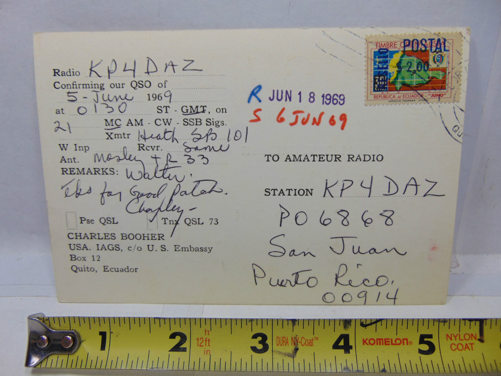 VINTAGE QSL CARD AMATEUR RADIO POSTAL HISTORY 1969 STAMP ECUADOR MIDDLE ...