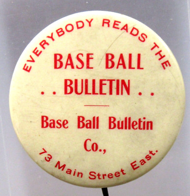 rare 1908 BASE BALL BULLETIN newspaper 1.75" baseball pinback button w ...