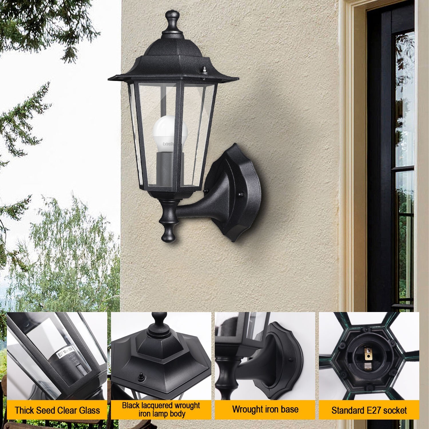 Traditional 6 Sided Black Wall Lantern Outdoor Light IP44 Waterproof ...