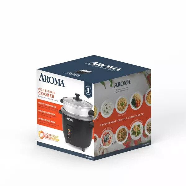 Aroma 6 Cup Rice Cooker with Outer Steam Tray Black: 2 Quart, One-Touch ...