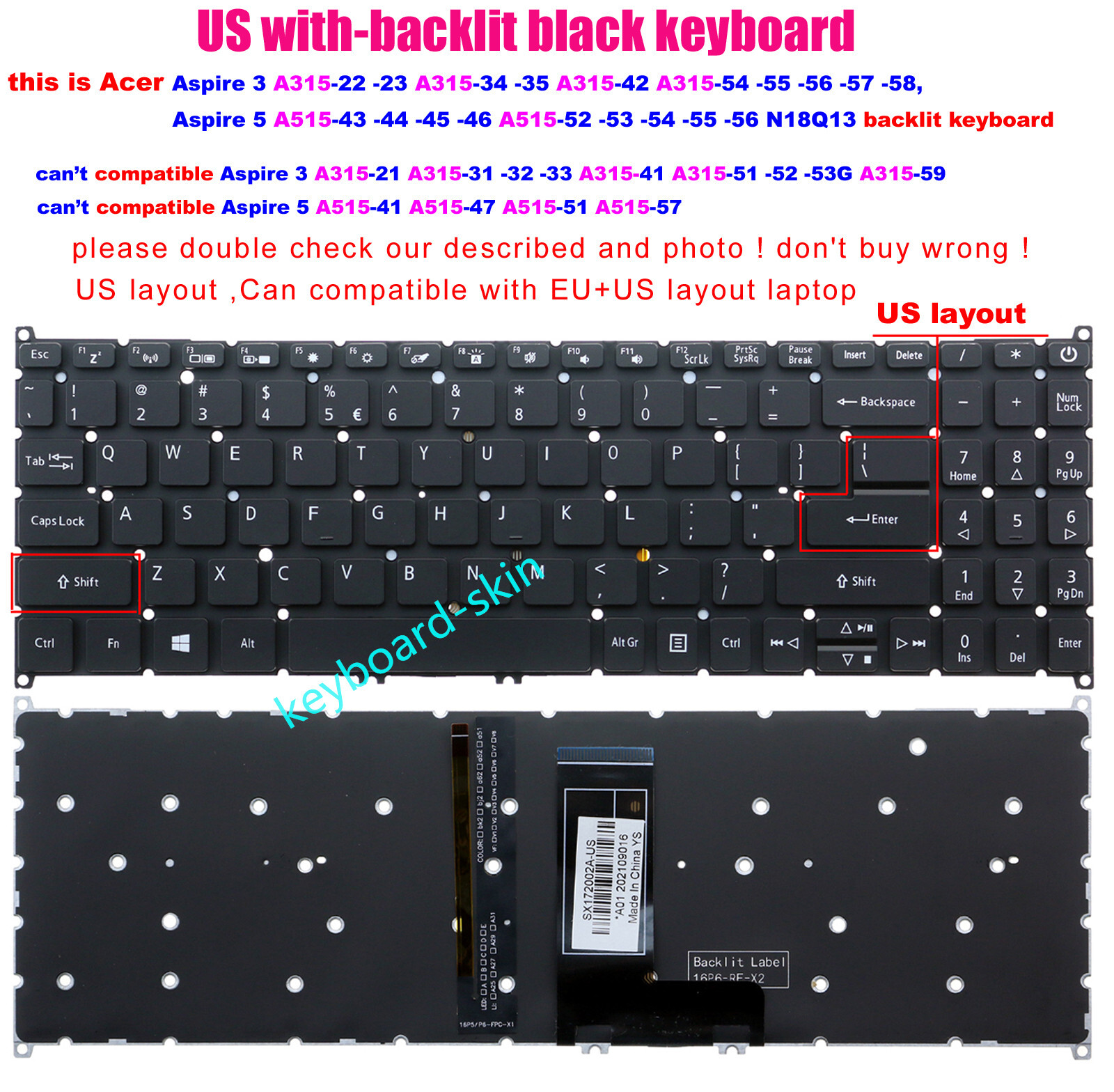 for Acer Aspire 3 A315-42,A315-42G,A315-54G,A315-55G,A315-56 Keyboard ...