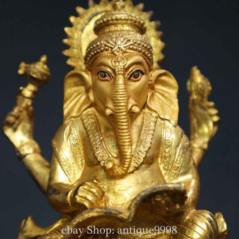 Old Nepal Bronze Gilt Painting 4 Arm Elephant Mammon God Book Buddha ...