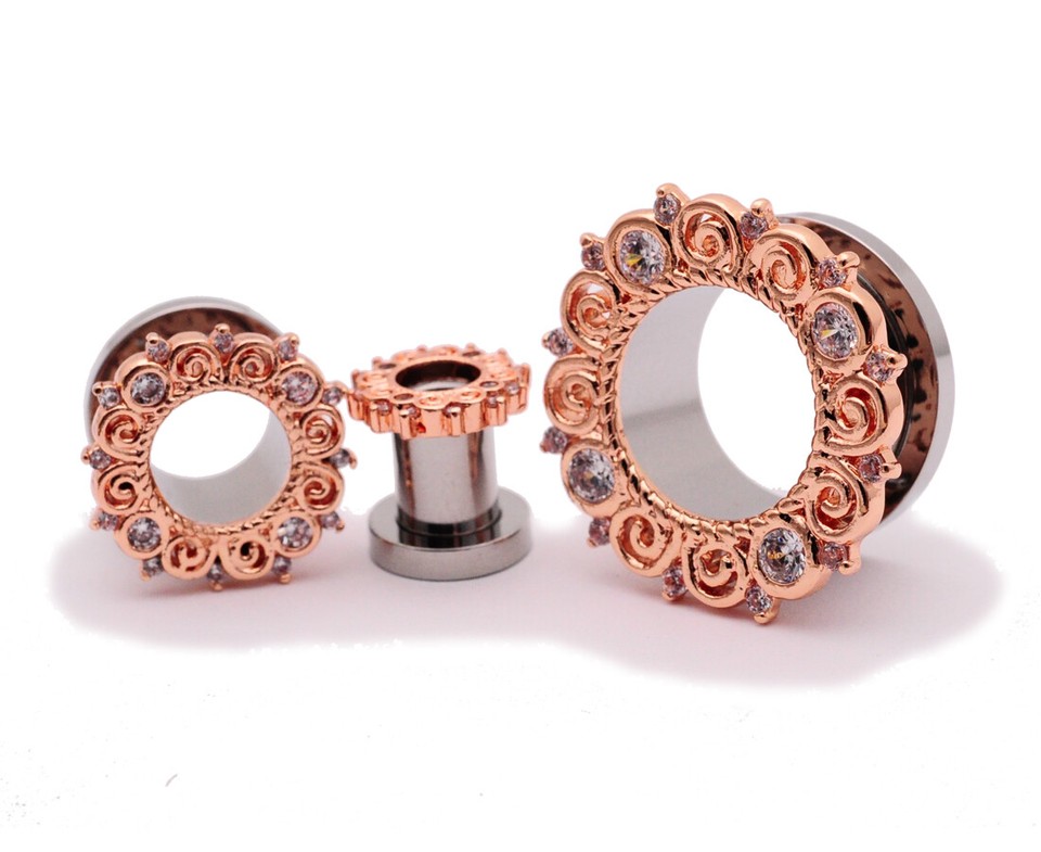 Pair of Fancy 316L Stainless Steel Plugs gauges flower dangle tunnels ...