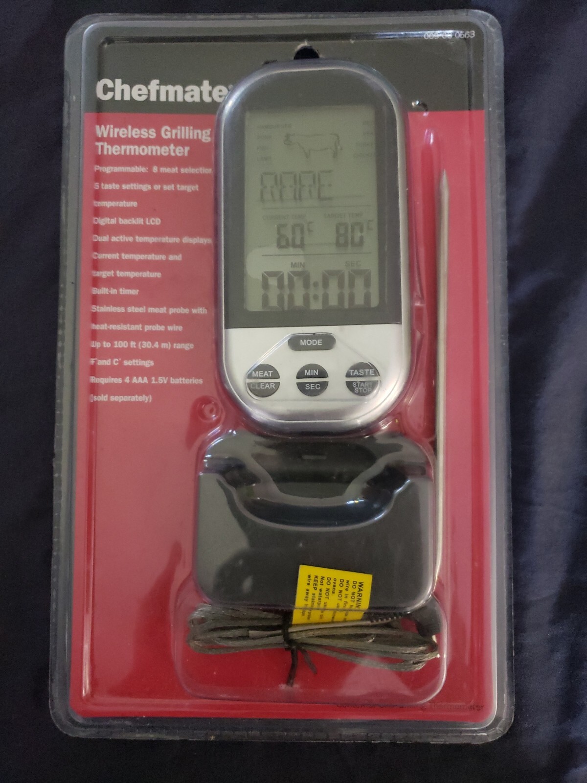 Chefmate Wireless Grilling Thermometer Programmable 009060563 Digital ...