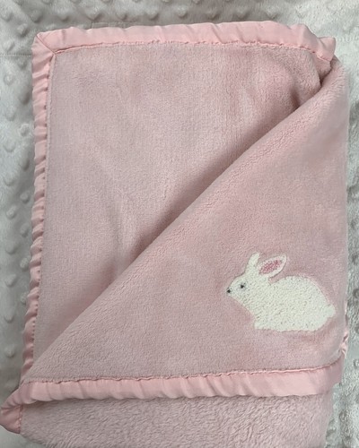 Carters Pink Baby Blanket White Bunny Rabbit Satin Edge Fleece Soft ...