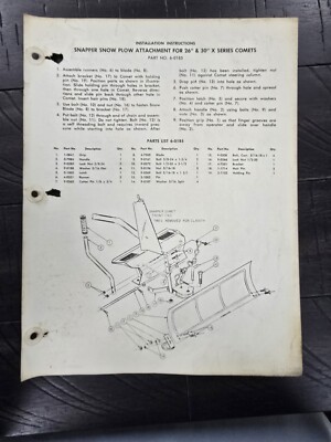 1977 Snapper 26" 30" X Series Comet Snow Plow Attachment Instructions 6 ...