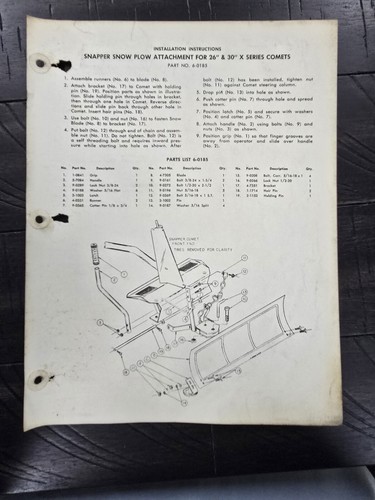 1977 Snapper 26" 30" X Series Comet Snow Plow Attachment Instructions 6 ...