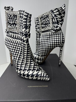 Alexandre Vauthier Yasmin Satin Buckle Plaid Houndstooth Booties Heel ...