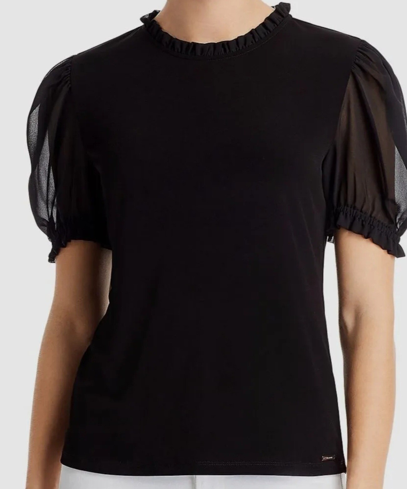 TAHARI Black Chiffon Sheered Sleeve Ruffle Neck BLOUSE, Size M ...