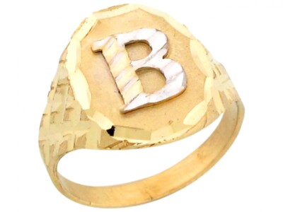10k or 14k Two Tone Real Gold Letter B Classic Design Oval Initial Ring ...