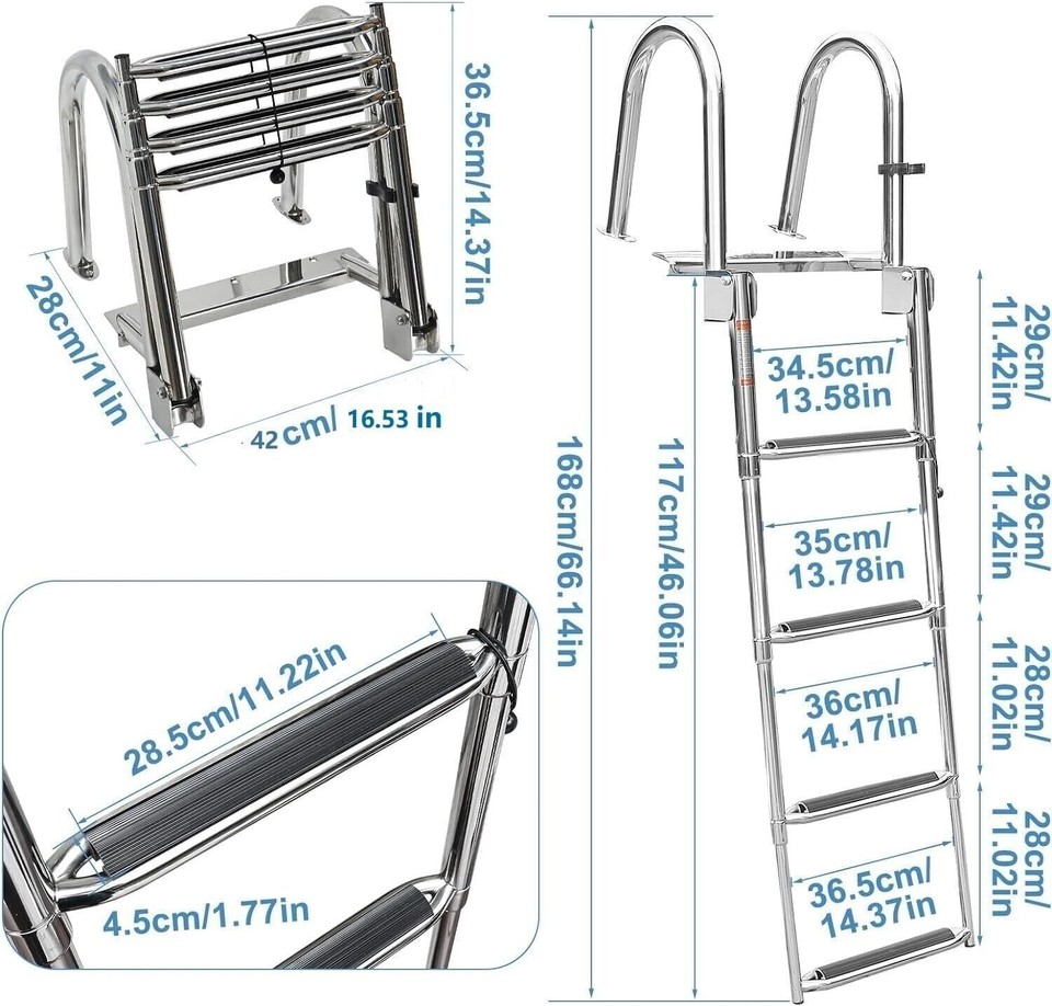 4 Step Boat Dock Ladder Flipped Up Stainless Steel Removable Pontoon ...