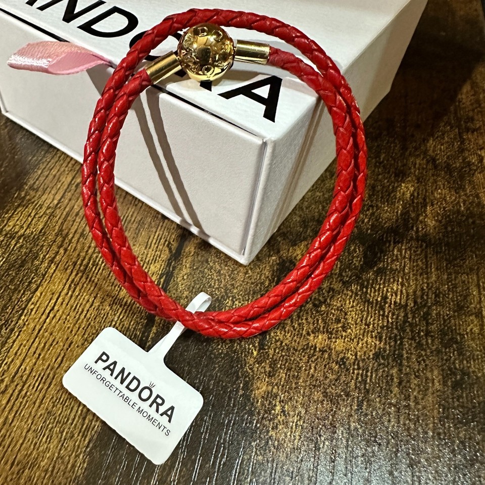 Authentic Pandora Red Leather Double Wrap Bracelet, Gold Plated Clasp ...
