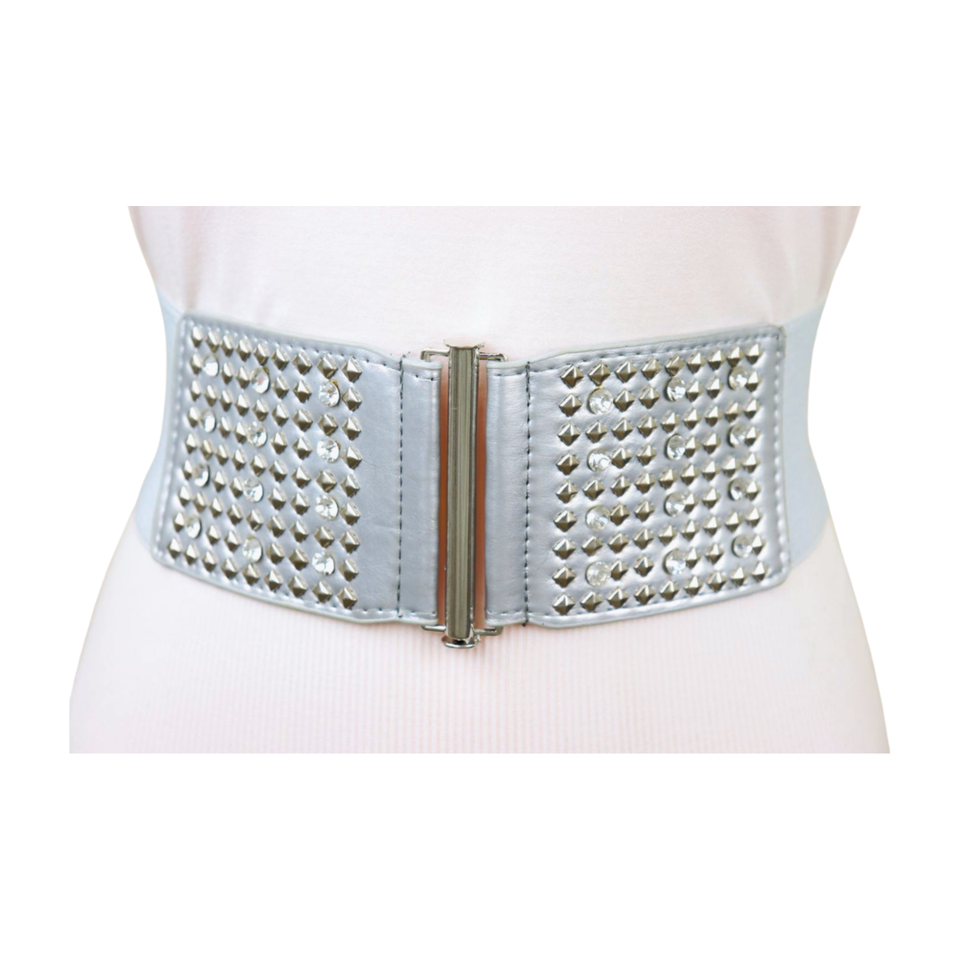 Women Silver Elastic Waistband Day Night Belt Bling Metal Studs Hip ...