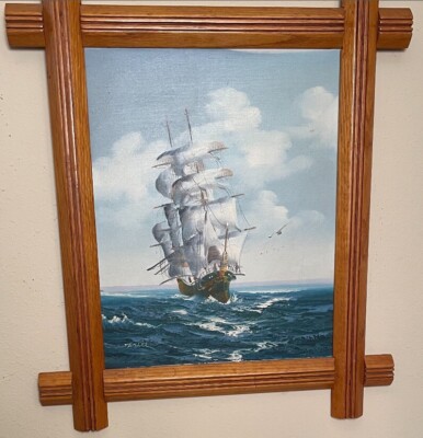 SEASCAPE ORIGINAL OIL PAINTING OF TALL SAIL SHIP & BIRDS BY TEILLER | eBay