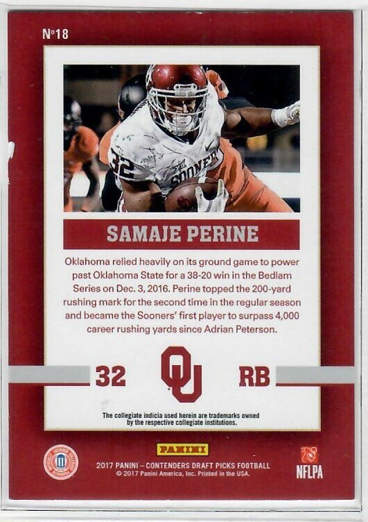 2017 Panini Contenders 2017 Draft Picks School Colors Samaje Perine #18 ...
