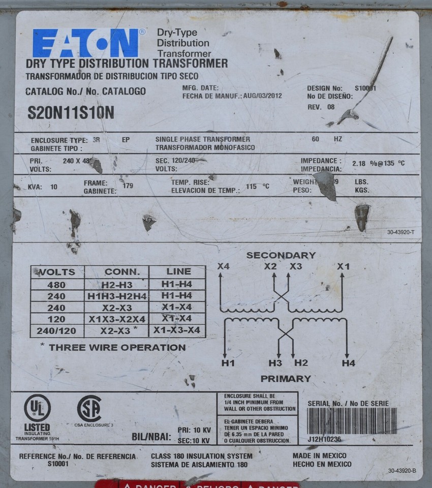 EATON Transformer 10kVA 240/480 TO 120/240 S20N11S10N | eBay