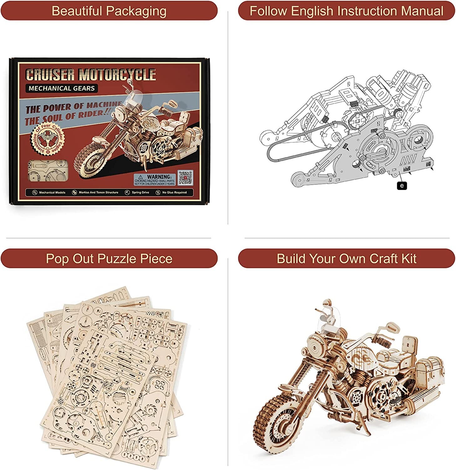 ROKR 3D DIY Wooden Motorcycle Model Building Kit Puzzle Kids Gift ...