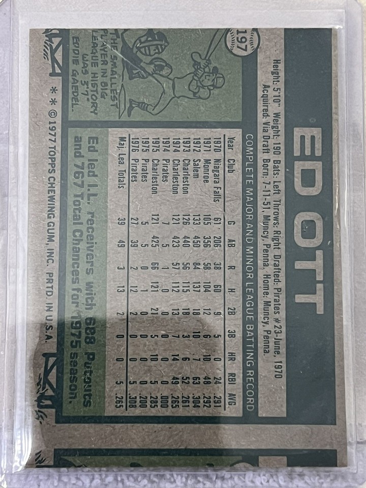 1977 Topps Baseball Rare Error Ed Ott Card #197(major cutting error) | eBay