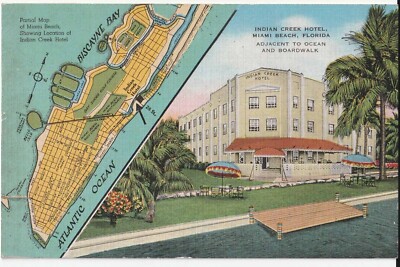 Indian Creek Hotel Miami Beach FL Biscayne Bay w Partial Map 1940s Vtg ...