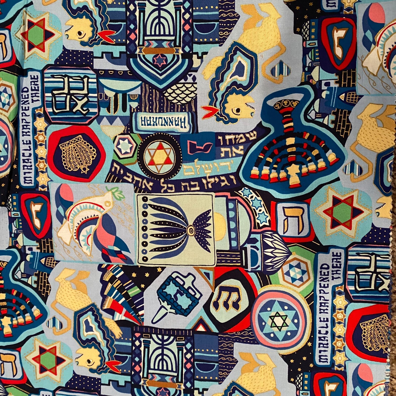 Cotton Hanakkah Holiday Words Jewish Symbols Fabric Scrap | eBay