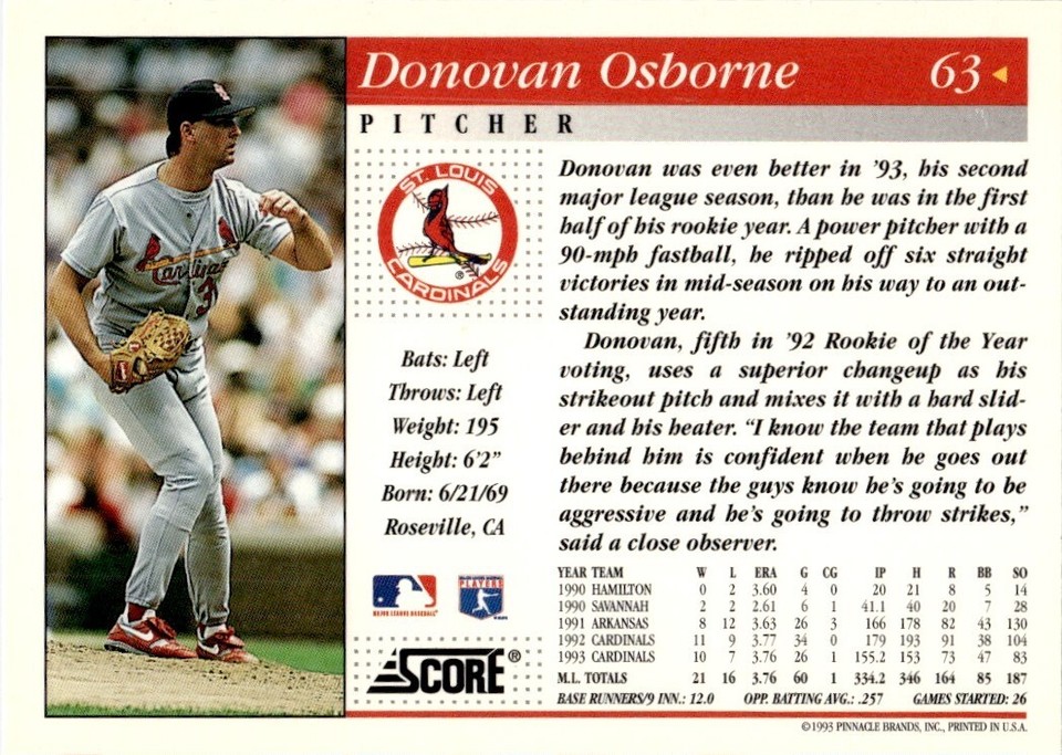 Donovan Osborne #63 St. Louis Cardinals 1994 Score Baseball Card | eBay