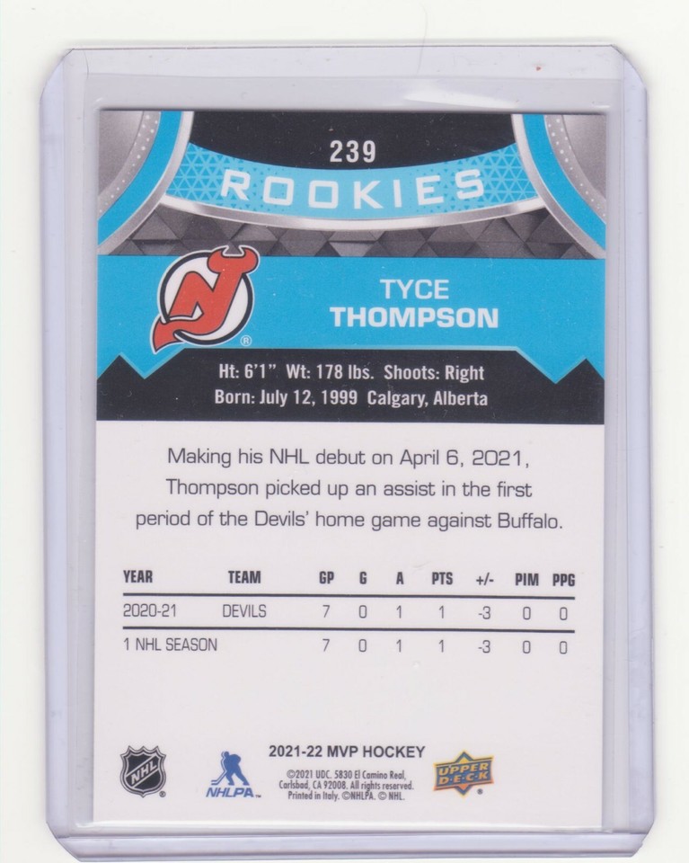 TYCE THOMPSON RC 21-22 MVP ROOKIE SP CARD HIGH # 239 DEVILS UPPER DECK ...