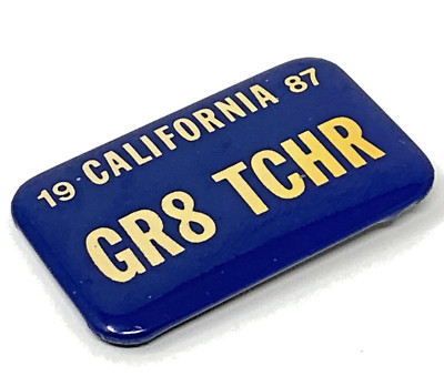 Vintage GR8 TCHR California License Plate Blue Yellow Metal Button ...