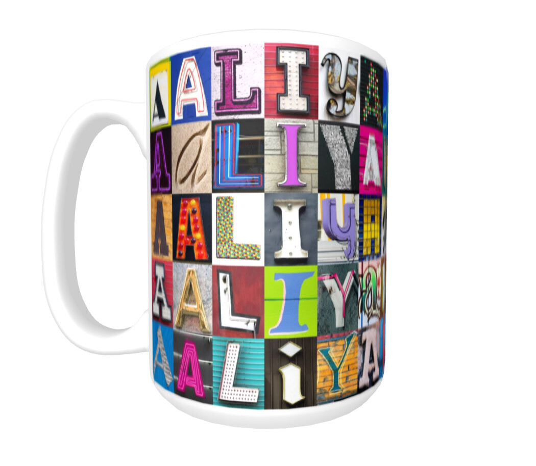 AALIYAH Coffee Mug / Cup featuring the name in photos of sign letters ...