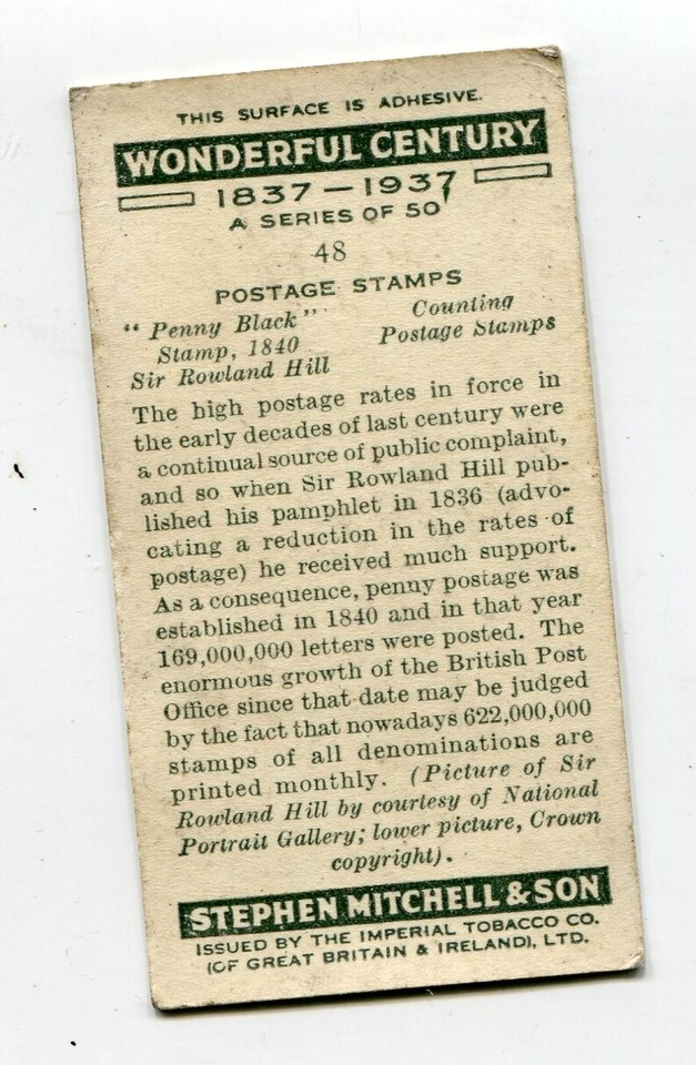 1937 STEPHEN MITCHELL WONERFUL CENTURY TOBACCO CARD #48 POSTAGE STAMPS ...