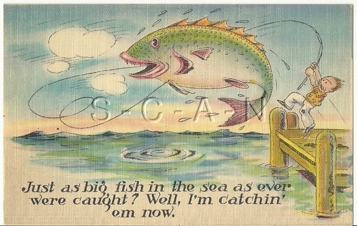 Org Vintage 1930-45 Linen PC- Exaggerated Fish- Fishing- Comic- Big ...