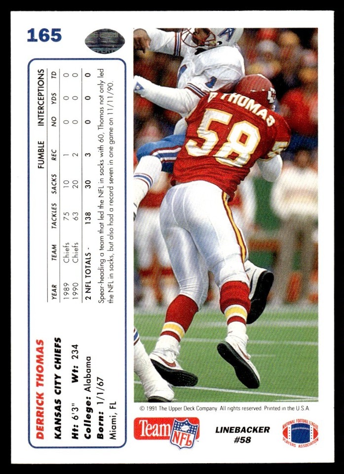 1991 Upper Deck Derrick Thomas Kansas City Chiefs #165 | eBay