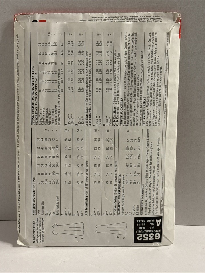 Simplicity New Look 6352 Loose Fit Dress Sewing Pattern Size 8-18 Uncut ...